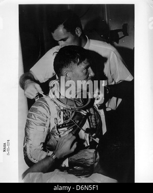 This image shows astronaut Wally Schirra with the Sigma 7 spacecraft ...