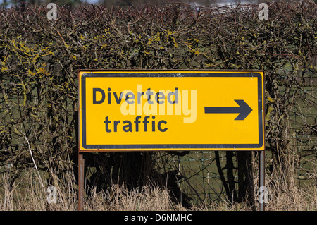 Yellow Road Sign with Arrow, Diversion: Barrier and Workers in ...