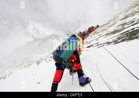 A climber on Mount Everest crossing a crevasse on a ladder in the ...