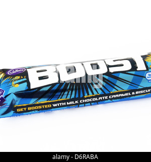 Boost chocolate bar on white background with open cut up bar by the ...