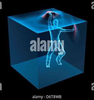 3D Computer Illustration of man trapped inside blue transparent cube ...
