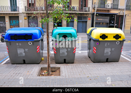 Barcelona, Catalonia, Spain. Recycling bins in the street for Stock ...