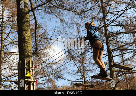 teenager on the GO Ape obstacle course at Dalby forest , england uk ...