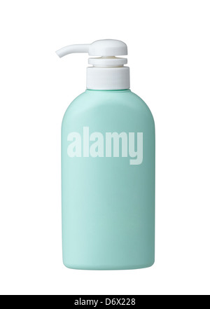 Blue pump bottle and tube without label are arranged on bamboo tray ...