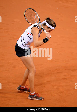Julia Goerges, of Germany, reacts after defeating Kiki Bertens, of the ...