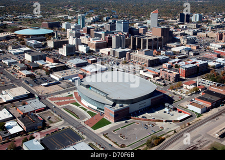 USA, Kansas, Wichita, Aerial of Intrust Bank Arena with Old Town behind ...