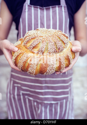 Seeded breads and a white loaf on a bread board with wheat and a bread ...
