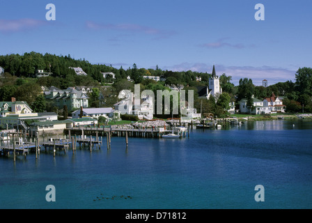 USA, Michigan, Lake Huron, Mackinac Island, View Of Village Stock Photo ...