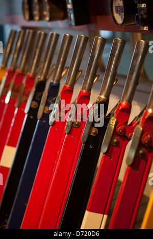 Railway signal control levers and brass labels in a restored signal box ...