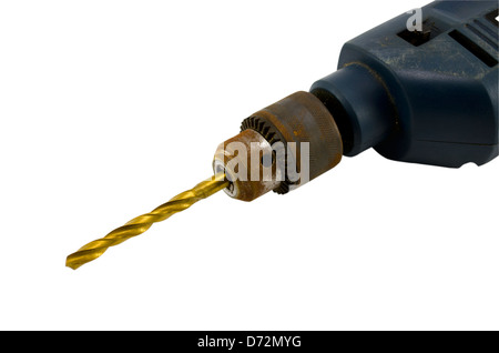 rusty retro electric drill with golden bit and rosette plug isolated on ...
