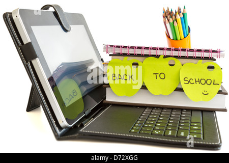 Back to school background with blank tablet screen and school supplies ...