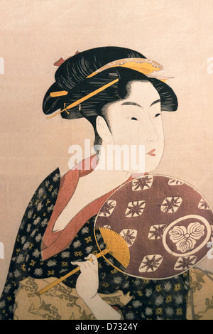 A traditional Japanese ukiyo-e print depicting a graceful geisha ...