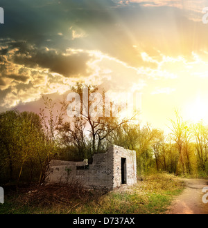 old collapsed brick wall with blue sky and clouds. High quality photo ...