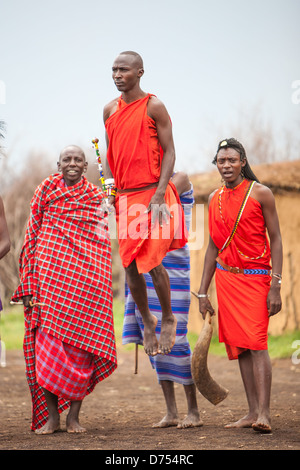 Maasai men energetically leap into the air during the traditional Adumu ...