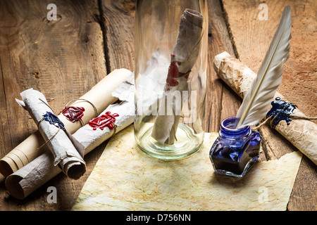 ancient scroll message in the bottle on white background with path ...