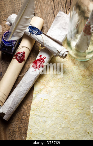 ancient scroll message in the bottle on white background with path ...