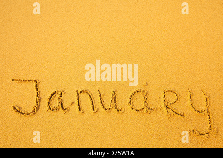 January- written in sand on beach texture Stock Photo - Alamy