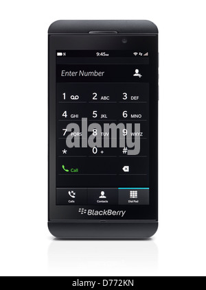 Blackberry Z10 smartphone with phone dial pad on its display. Black ...