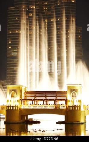 Souk Al Bahar Bridge fountains at base Burj Khalifa Dubai United Arab ...