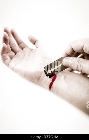 person cuts veins on a hand Stock Photo - Alamy