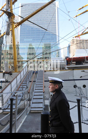The crew of the training ship 'Gorch Fock' stands on deck during the ...