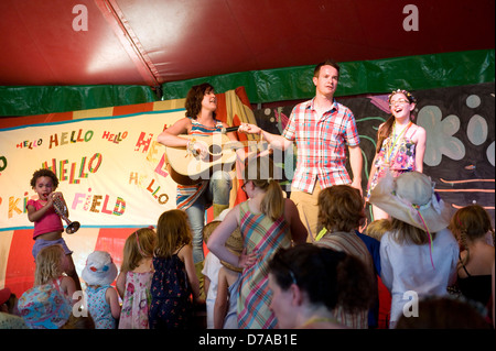 Cbeebies presenters performing in the main tent of the kids field at ...