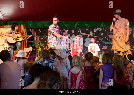 Cbeebies presenters performing in the main tent of the kids field at ...