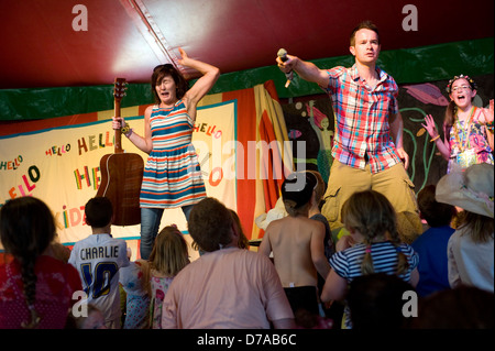 Cbeebies presenters performing in the main tent of the kids field at ...