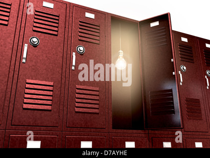 A stack of red metal school lockers with one with an open door with an ...