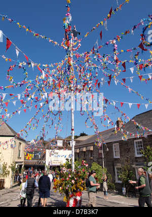 The colourful maypole for the 'Obby 'Oss festival, a traditional annual ...