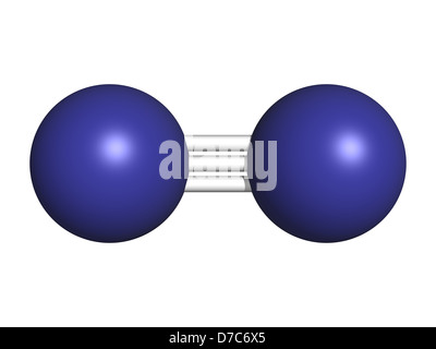 Elemental nitrogen (N2), molecular model. Nitrogen gas is the main ...
