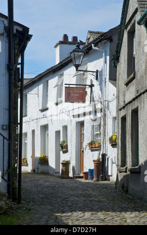 Hawkshead narrow cobbled street Cumbria, Lake District national park ...
