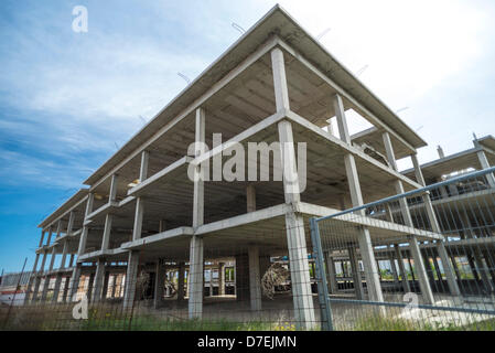 Unfinished building at main street of La Muela small village, Saragossa ...
