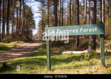 Green painted wooden sign for Pembrey Forest with trees in the ...