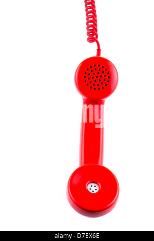 Red telephone receiver hanging down Stock Photo - Alamy