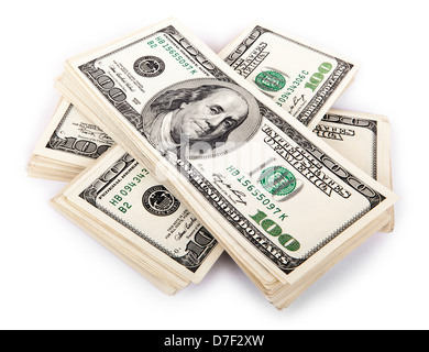 Three stacks of 100 US$ money notes on top of eachother, isolated on ...