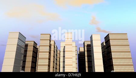 A city of monolithic skyscrapers with reflective windows on an isolated ...