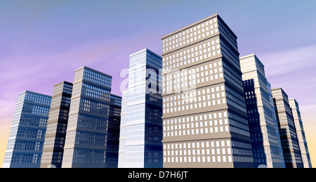 A city of monolithic skyscrapers with reflective windows on an isolated ...