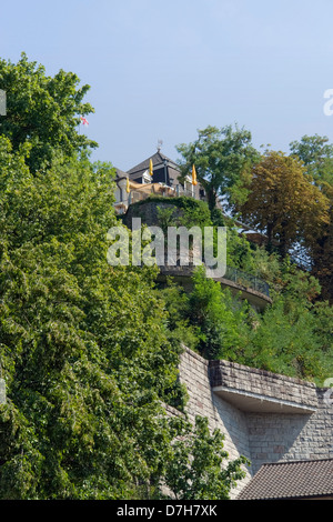 sunny illuminated city view of Freiburg im Breisgau, a city in Southern ...