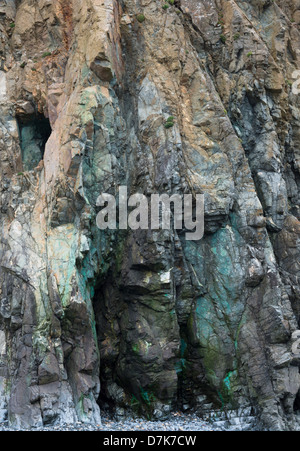 Copper mineralisation and mine adit in the cliffs near Bunmahon in the ...