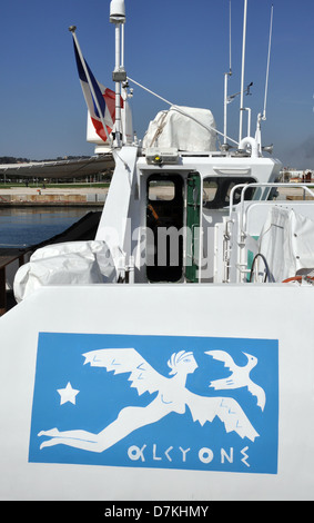 The Alcyone boat of Jacques Cousteau with the turbosail system Stock ...