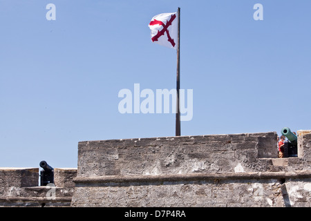 A Spanish Military Flag flies over the Castillo de San Marcos Fort in ...
