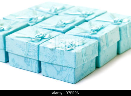 Cyan gift boxes on white background Stock Photo - Alamy