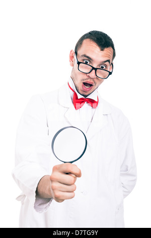 Surprised male scientist in lab coat looking at camera with magnifying ...