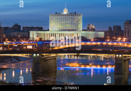 White House and Moscow River Embankment at Night, Russia Stock Photo ...