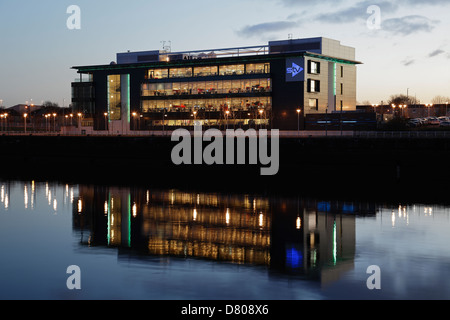 The STV Headquarters illuminated on Pacific Quay in Glasgow at night ...