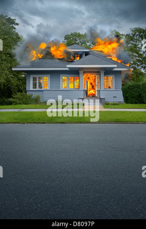 Fire insurance concept with burning house, 3D rendering Stock Photo - Alamy
