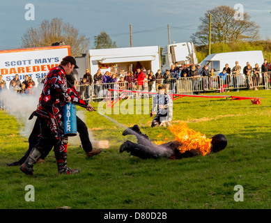 Stunt man on fire at Scott May's Daredevil stunt show, Matterley Bowl ...