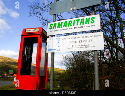 Samaritans and Breathing Space help lines signs beside phone box at ...