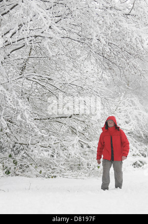 A man wearing a red coat walks through snow in Pontypridd Stock Photo ...